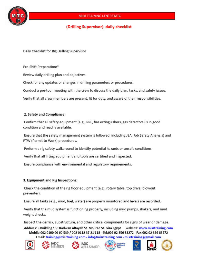 Drilling Supervisor (Rig Foreman) Daily Checklist | PDF | Safety