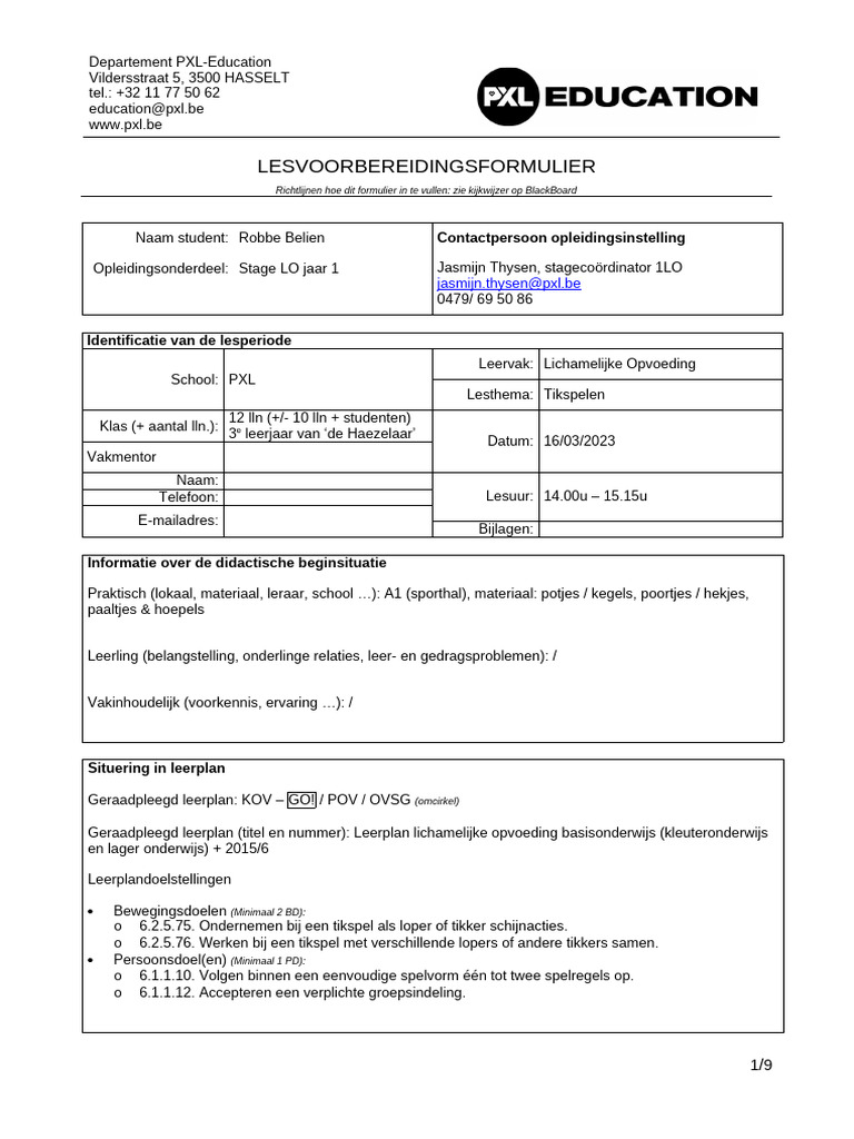 2223 - Lesvoorbereidingsformulier - DA LO1 - Week 4 - Tikspelen | PDF