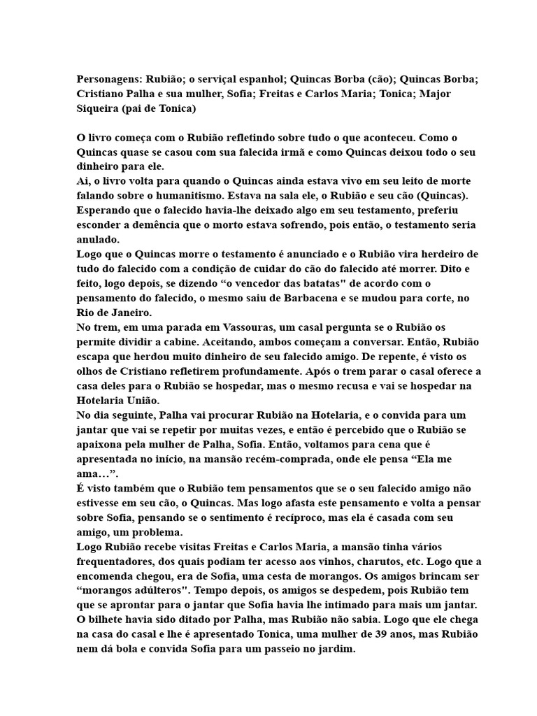 Resumo de Quincas Borba: Personagens e Enredo | PDF | História