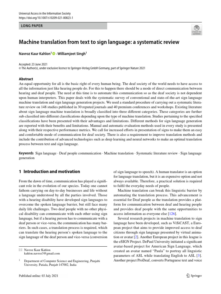 Machine Translation From Text To Sign Language: A Systematic Review ...