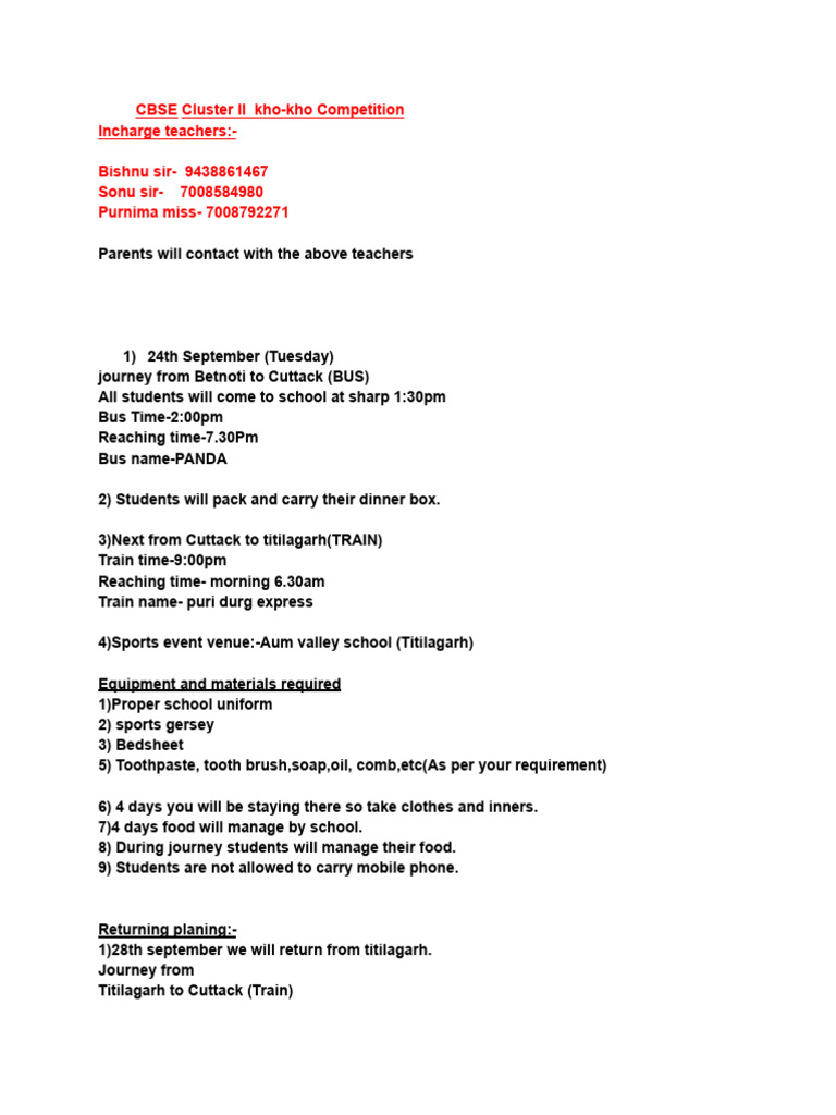 CBSE Cluster LL Kho-Kho Competition Details. | PDF | Travel ...