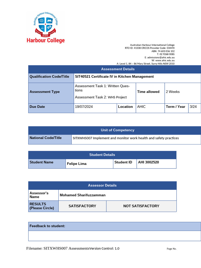 SITXWHS007 Student Assessment Tasks - Updated | PDF | Occupational ...