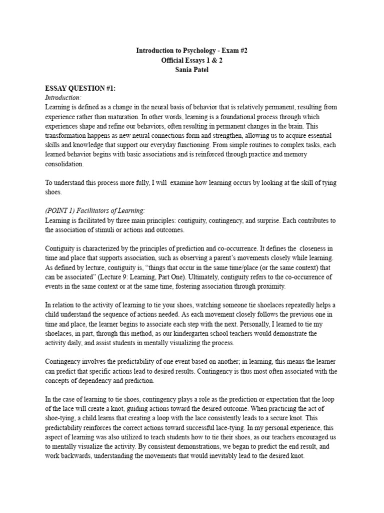 Introduction To Psychology - Exam #2 (Essays) | PDF | Auditory System | Ear