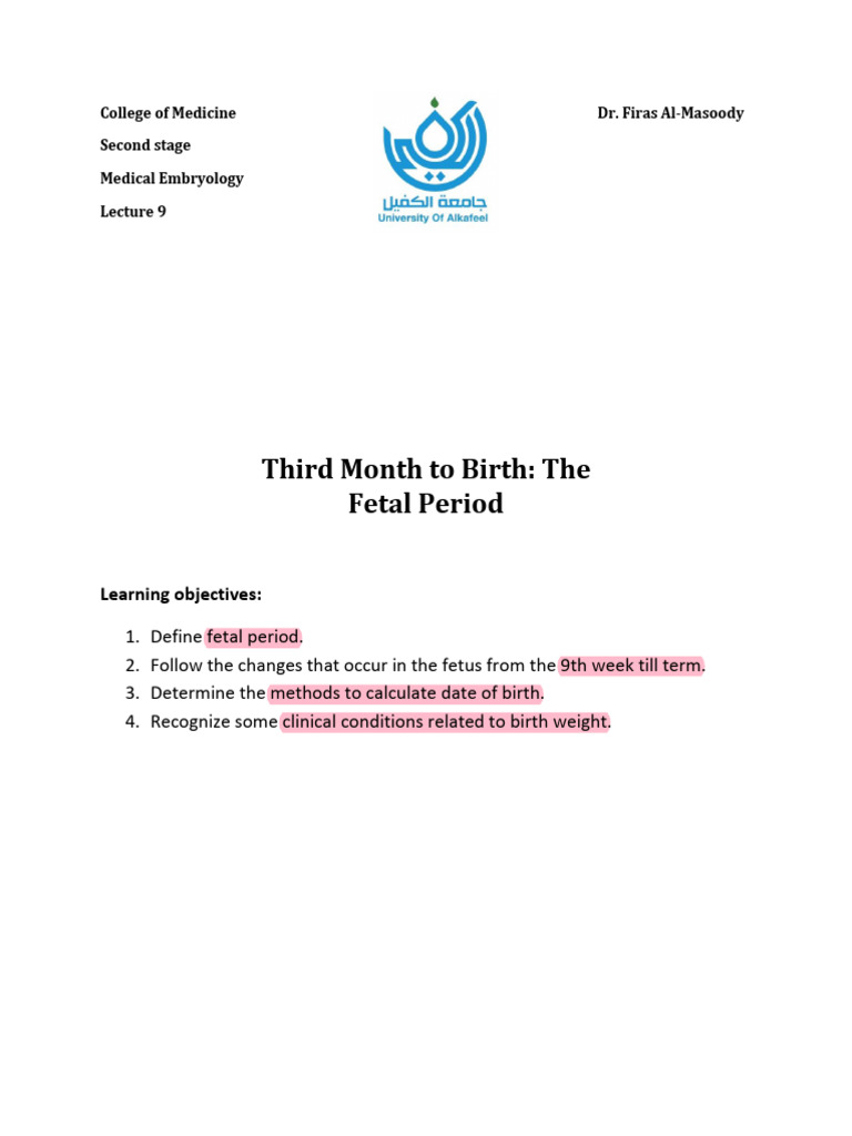 Lec9 Third Month To Birth Fetal Period 638643330953013022 | PDF | Fetus | Pregnancy