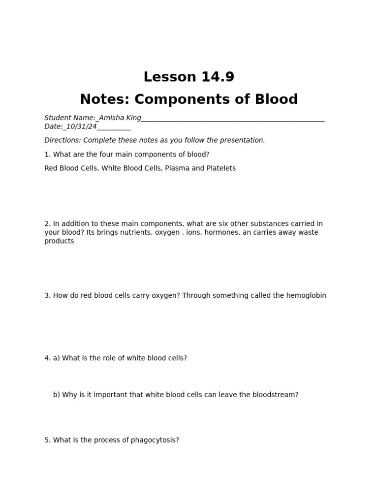 Lesson14.9 Notes Components of Blood | PDF