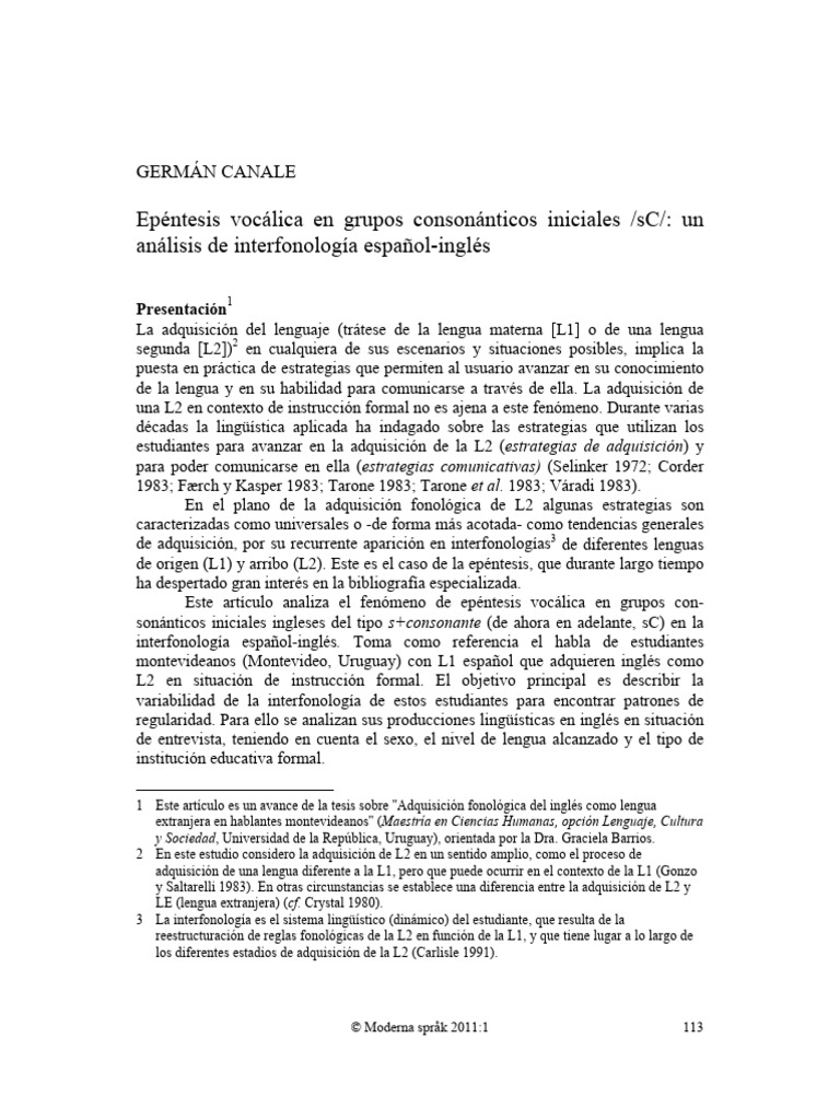 Epéntesis Vocálica en Grupos Consonánticos Iniciales SC (Canale) | PDF ...
