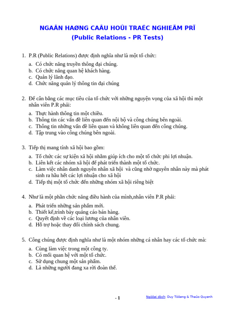 Ngan Hang Cau Hoi Trac Nghiem Ve PR | PDF