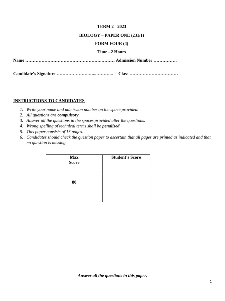 Bio f4 pp1 | PDF | Eye | Dna
