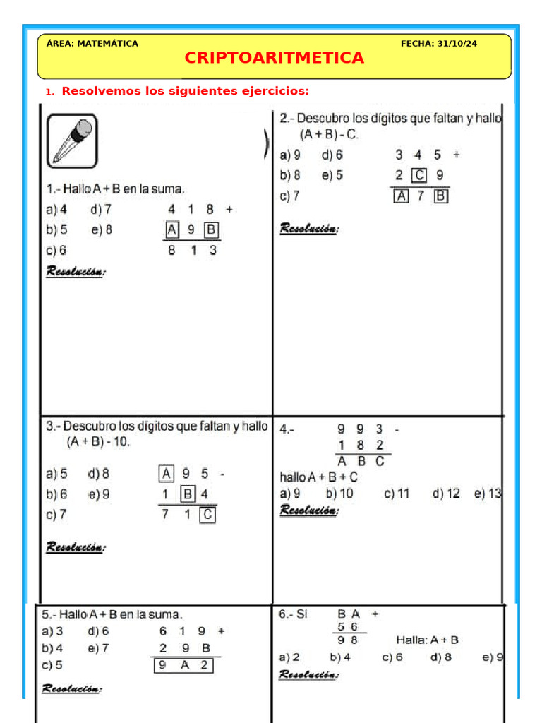 Jueves 31 Ficha Criptoaritmetica | PDF