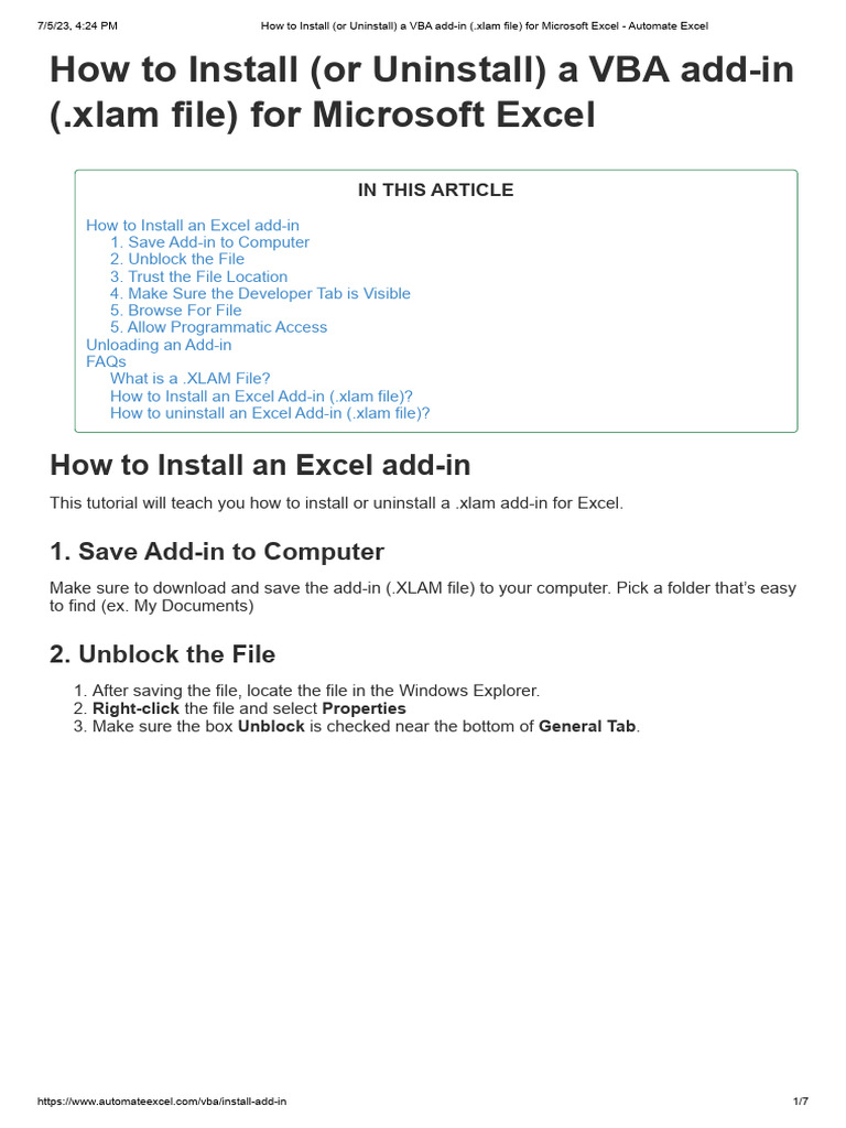 How To Install (Or Uninstall) A VBA Add-In (.Xlam File) For Microsoft Excel - Automate Excel ...