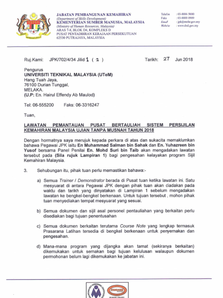 Surat Lawatan Pemantauan UTEM | PDF