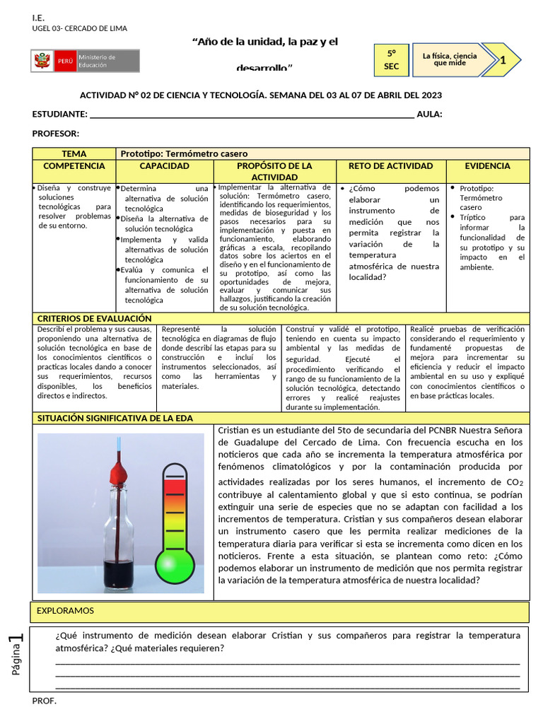 5° SEC. EDA 1 SEMANA 4 CYT DISEÑA 2023 Prototipo Termómetro Casero | PDF | Cambio climático ...