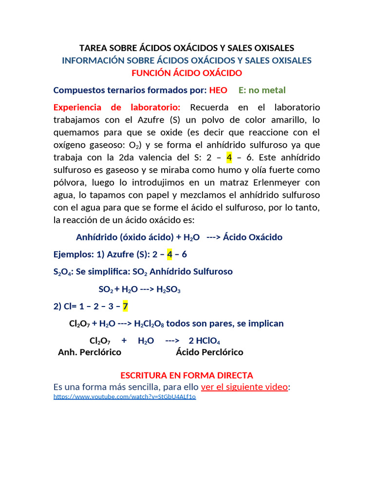 Tarea Ácidos Oxácidos y Sales Oxisales | PDF | Dióxido de azufre | Ácido