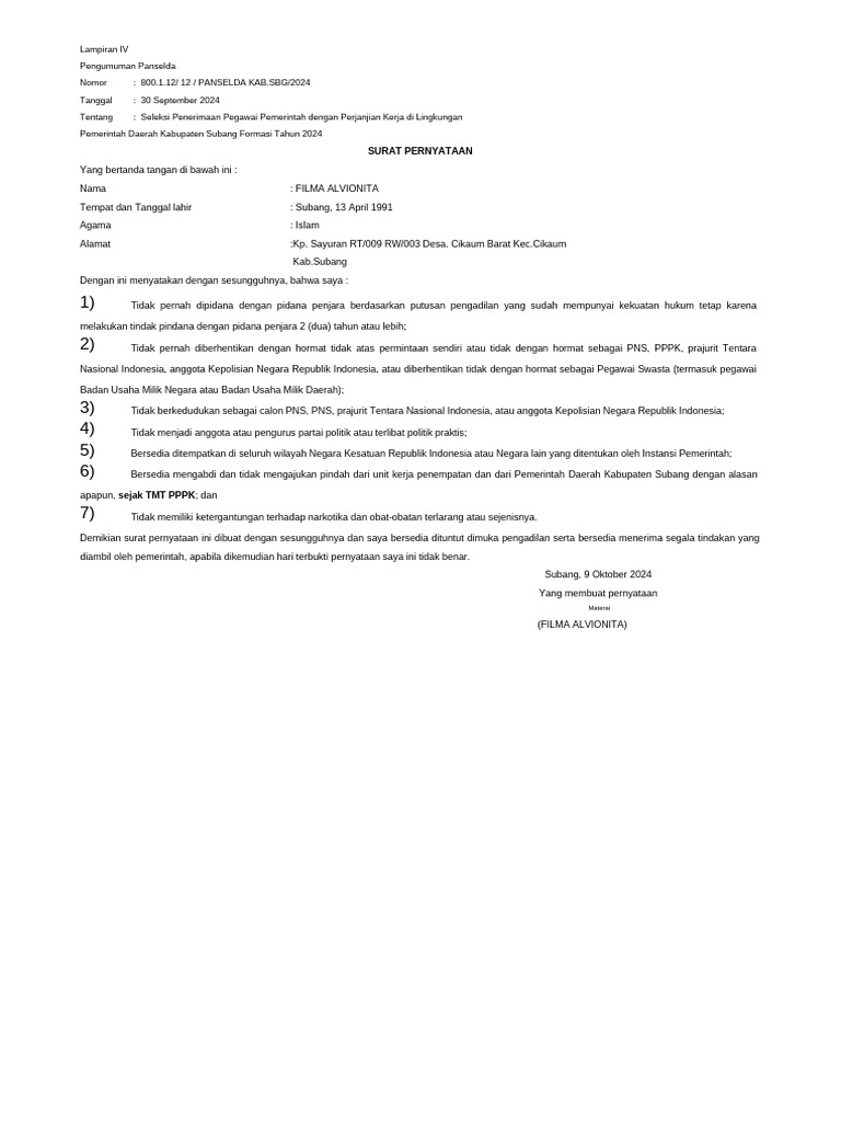 Lampiran IV Surat Pernyataan PPPK | PDF