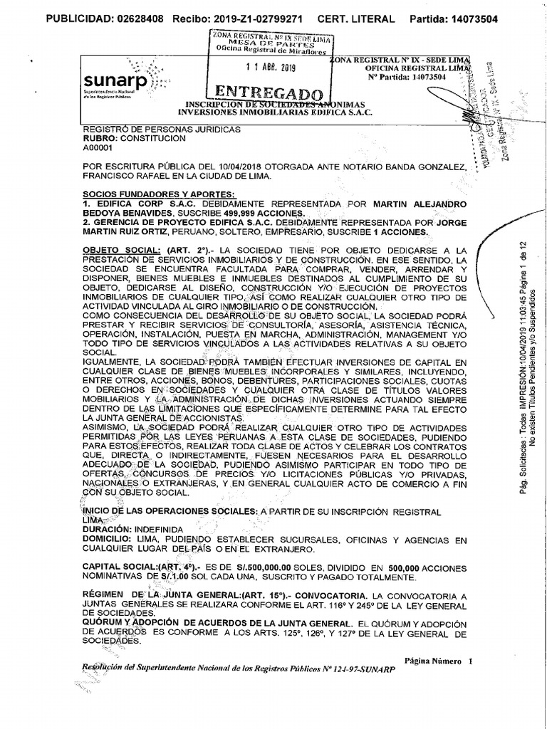 The Park Partida Registral de Inmobiliarias Edifica Sac | PDF