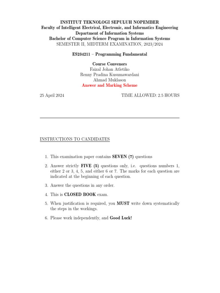 ES234211 Programming Fundamental MT Marking Scheme | PDF | Numbers | Computer Programming