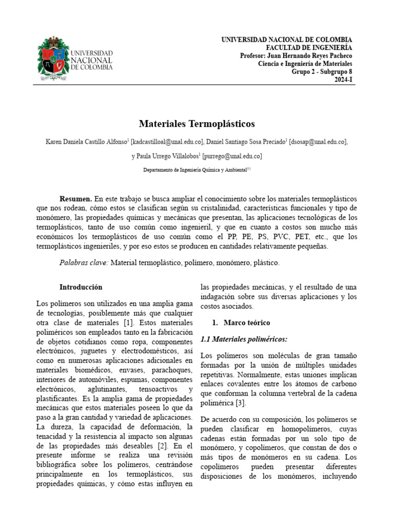 Informe Termoplásticos | PDF | Polímeros | El plastico