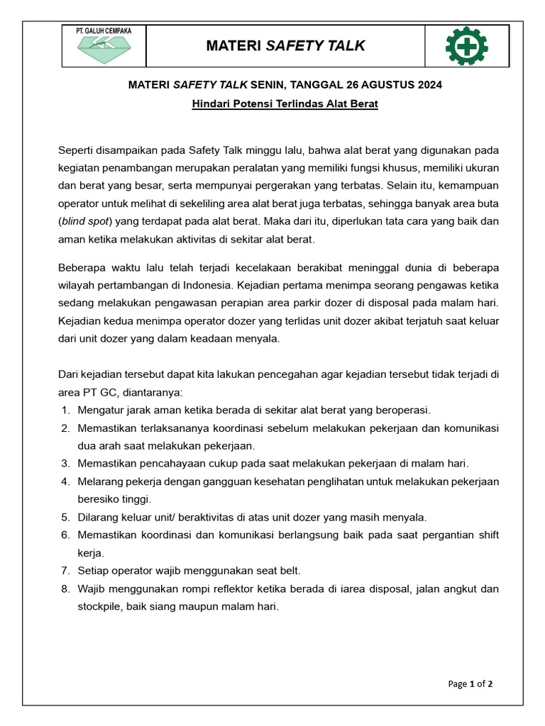 Materi Safety Talk - Washing Plant | PDF | Griya & Taman | Teknologi ...