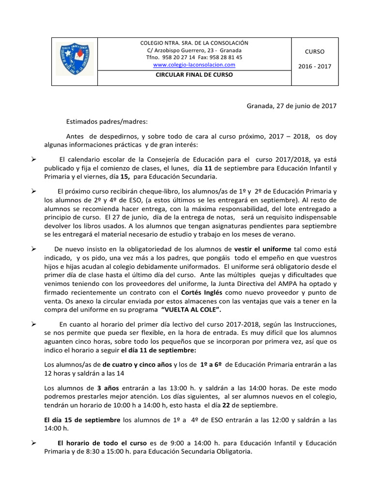Circular Final de Curso 2016-2017 | PDF