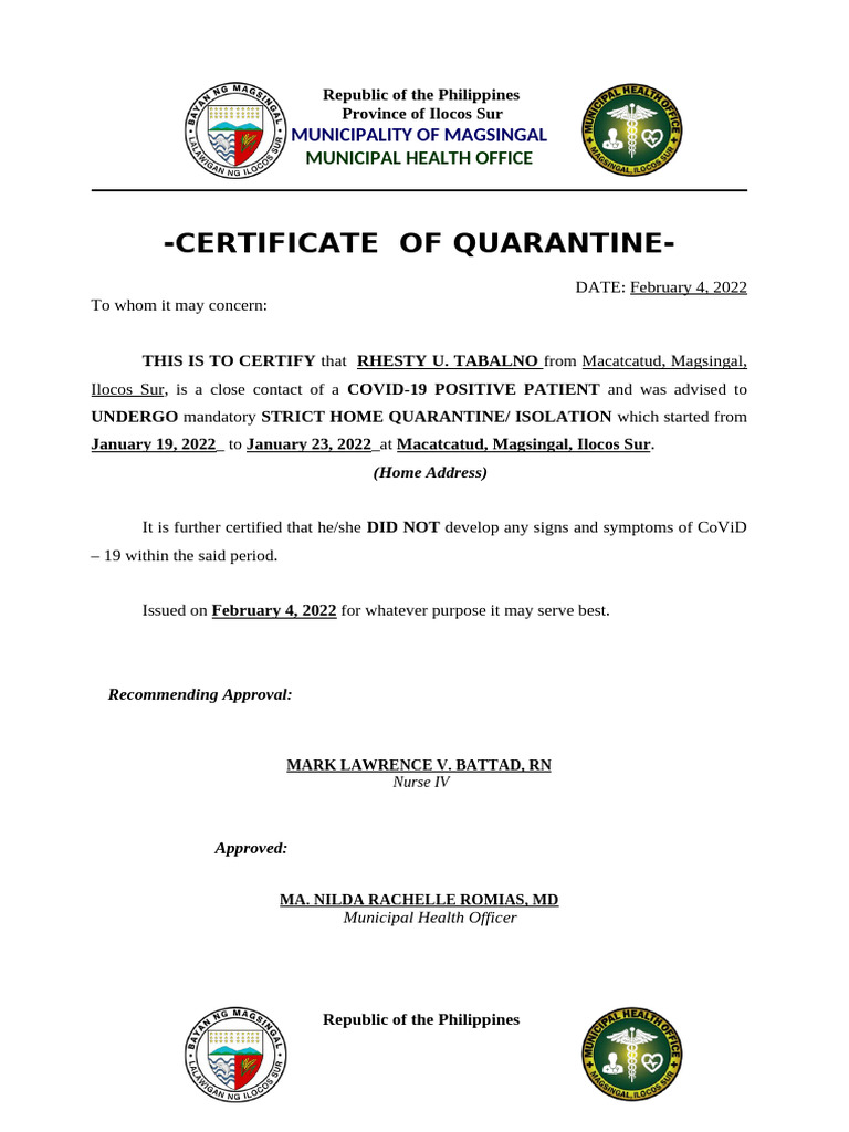 Certificate of Quarantine 2022 | PDF | Health Sciences | Public Health
