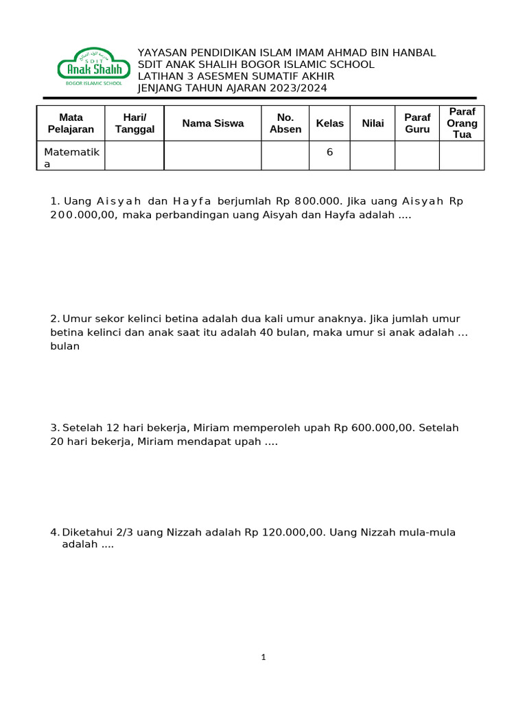 Latihan 3 ASAJ Matematika | PDF