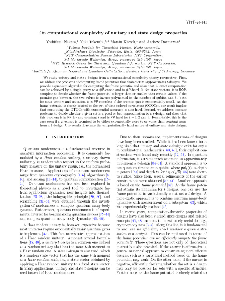 On Computational Complexity of Unitary and State Design Properties | PDF | Quantum Computing ...
