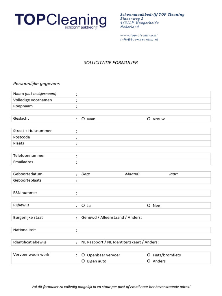 Sollicitatieformulier TOPCLEANING | PDF