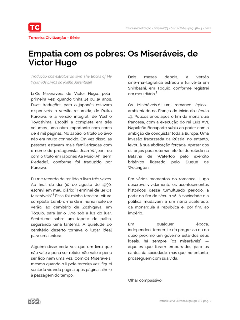 Empatia Com Os Pobres Os Miseraveis de Victor Hugo | PDF | Cosette | Os Miseráveis