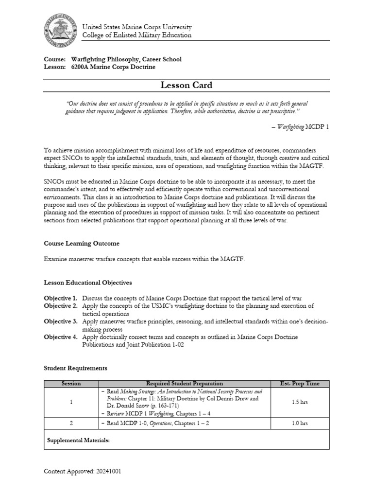 6200A Marine Corps Doctrine Lesson Card | PDF | United States Marine ...