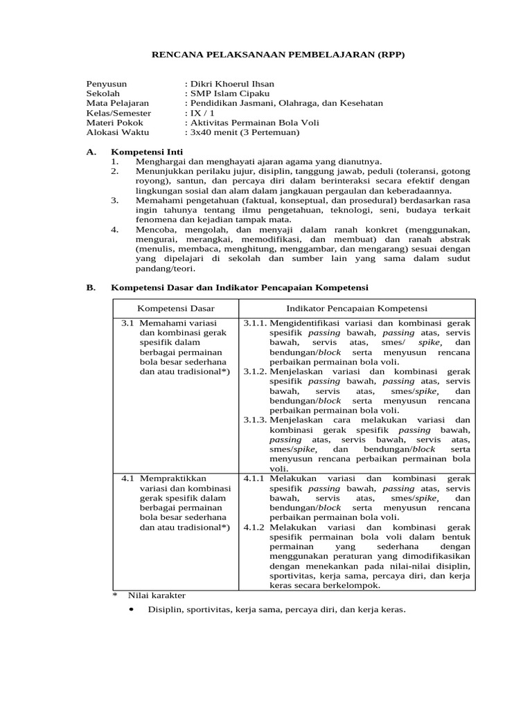 RPP Bola Voli Kelas 9 | PDF