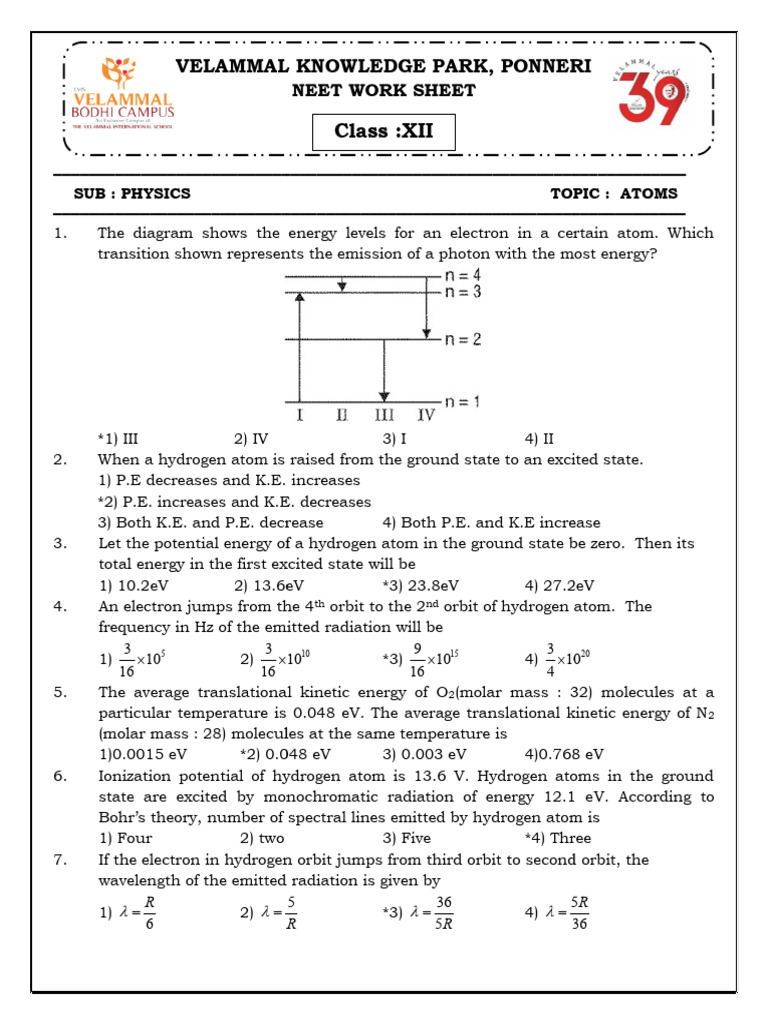 (I) ATOMS - PHYSICS - NEET Work Sheet | PDF | Electron | Atoms