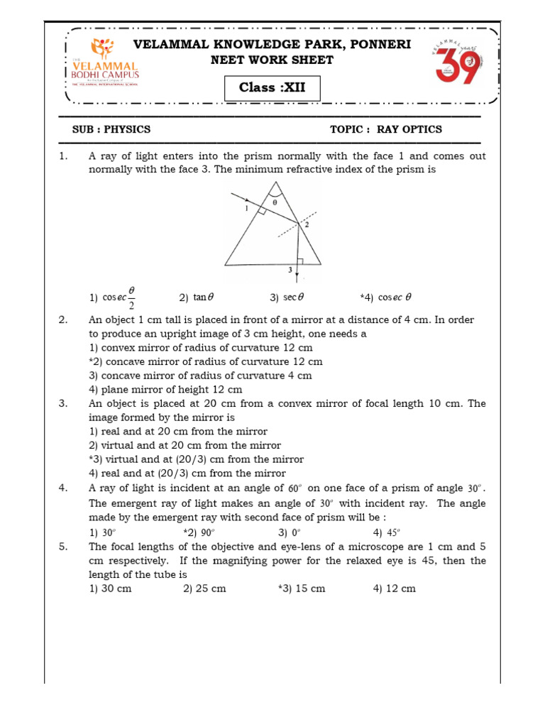 RAY OPTICS - PHYSICS - NEET Work Sheet | PDF | Refraction | Mirror