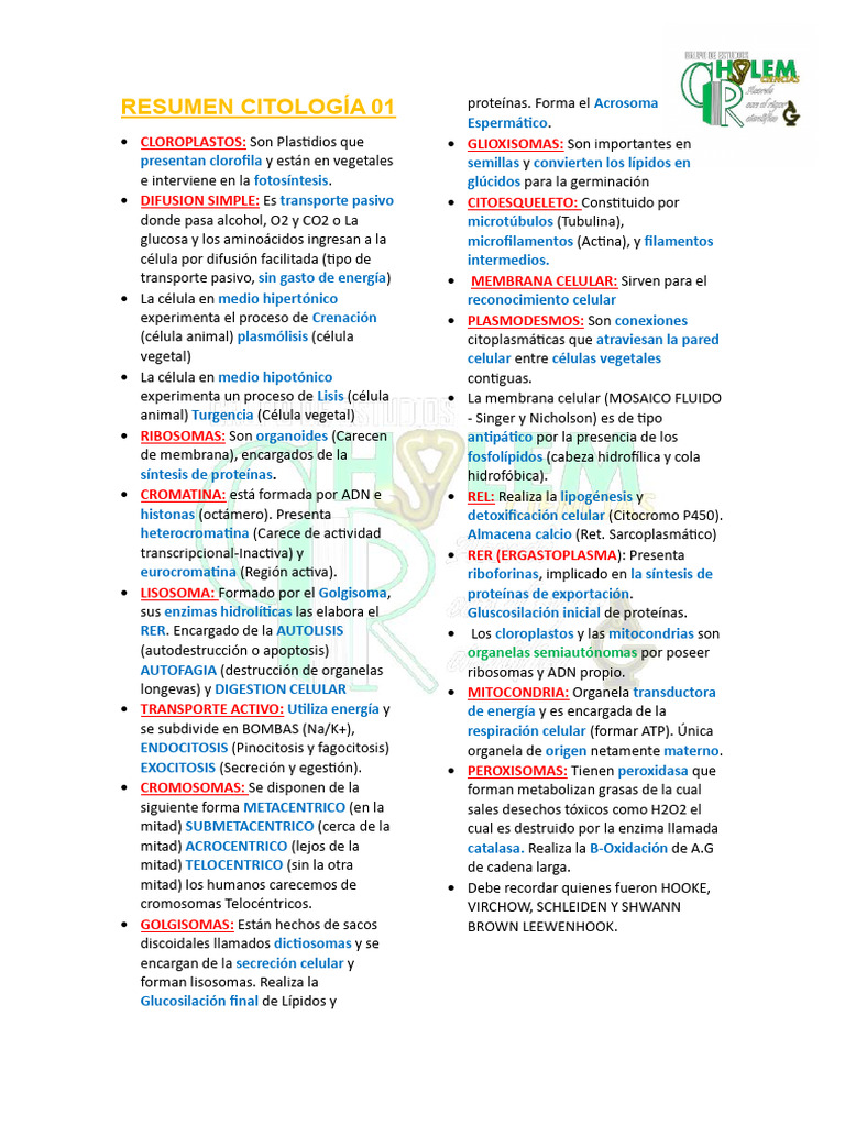Resumen Citología 01 | PDF | Biología Celular) | Anatomía Celular