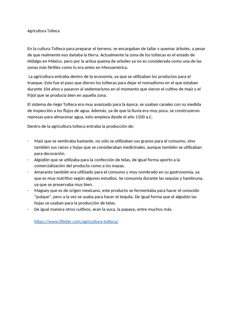 Agricultura de los Toltecas en Mesoamérica | PDF