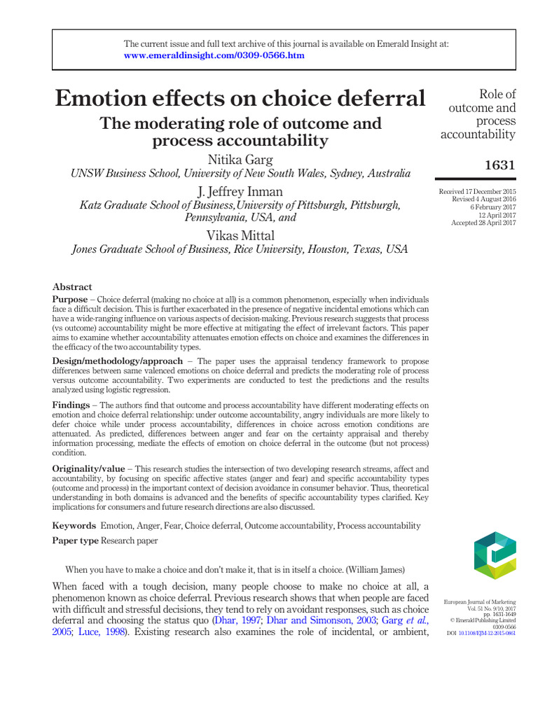 Emotion and Accountability in Choice Deferral | PDF | Emotions | Anger