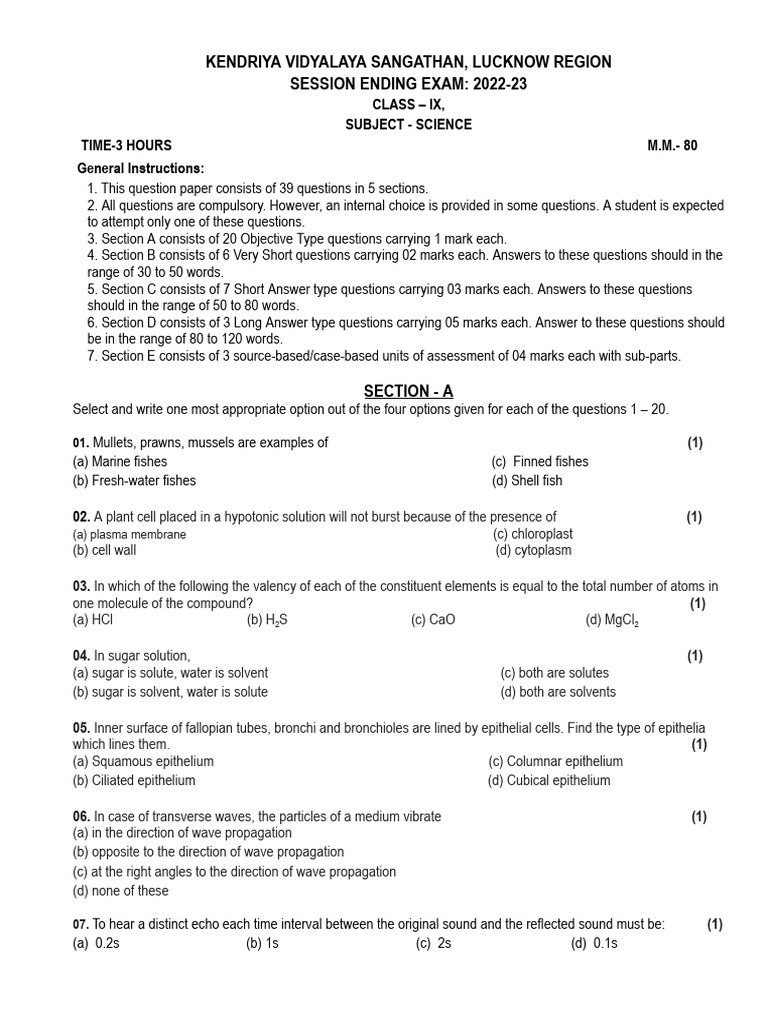 Class - Ix Science Previous Year Question Paper 2022 - 23 | PDF ...