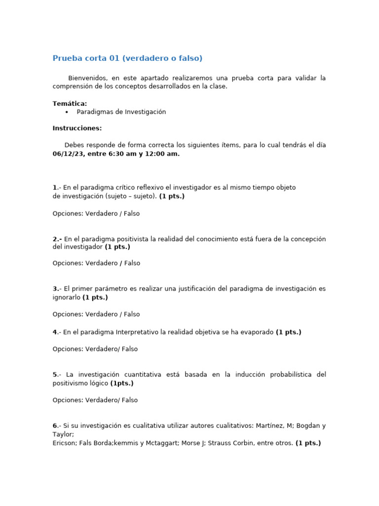 Prueba corta sobre Paradigmas de Investigación | PDF