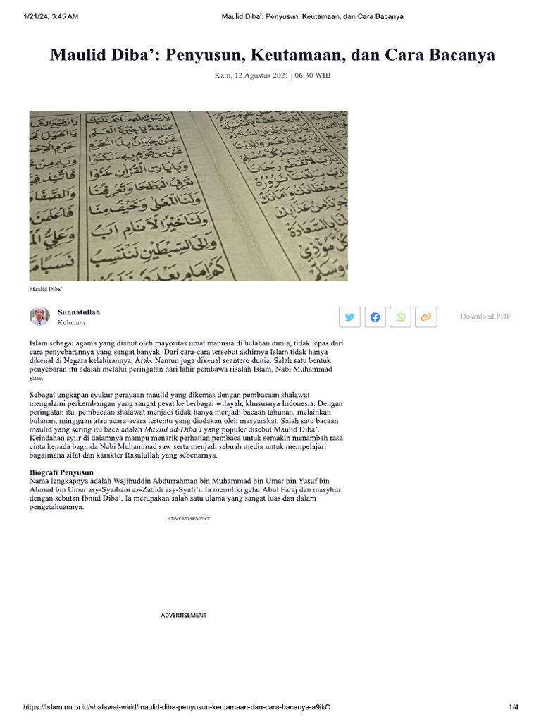 Biografi Maulid Diba Pengarang | PDF