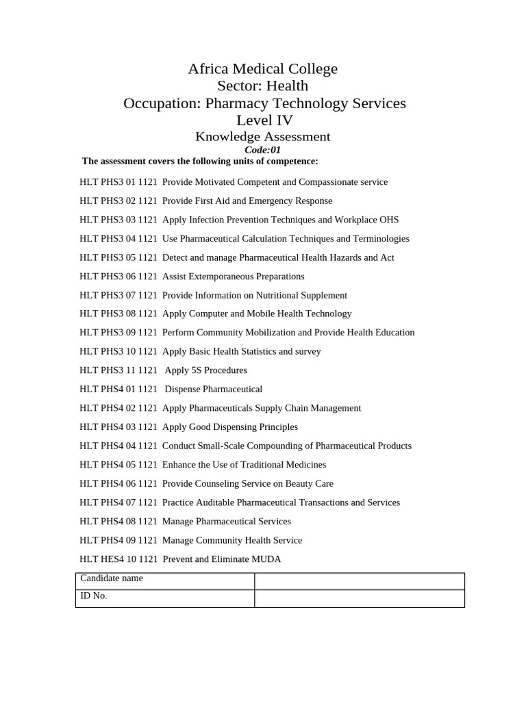 Africa Medical College Knowledge Assessment Code 01 | PDF ...