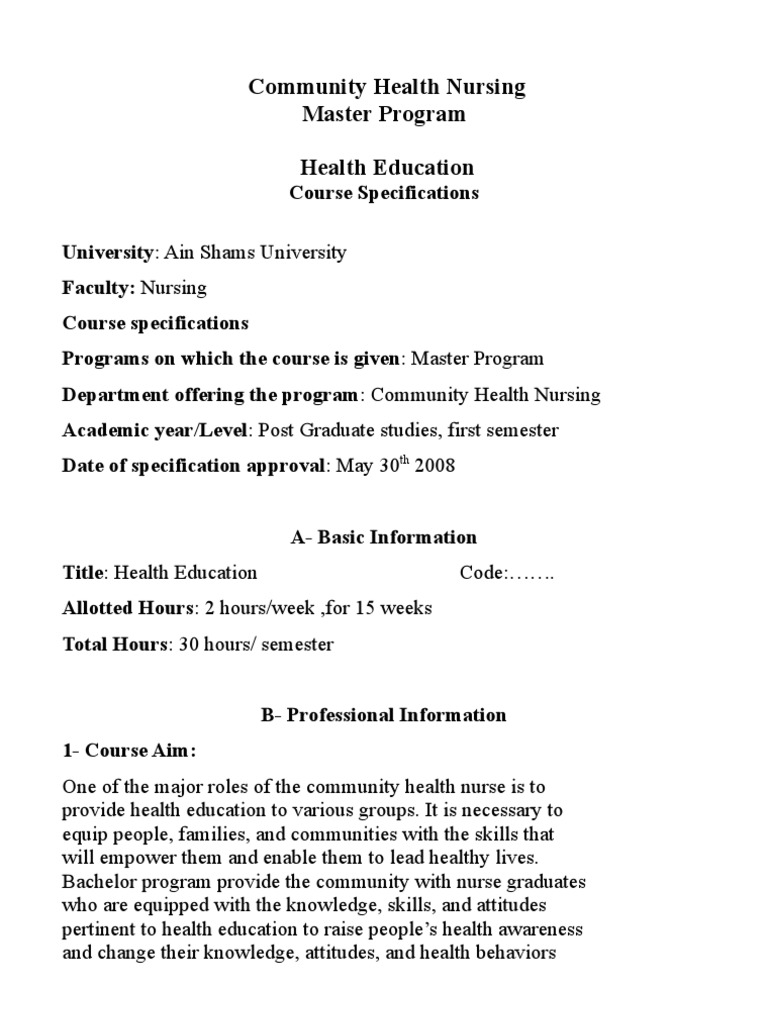 Health Education Course Syllabus | PDF | Health Education | Community