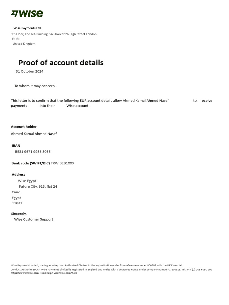 Wise Account Confirmation Letter | PDF