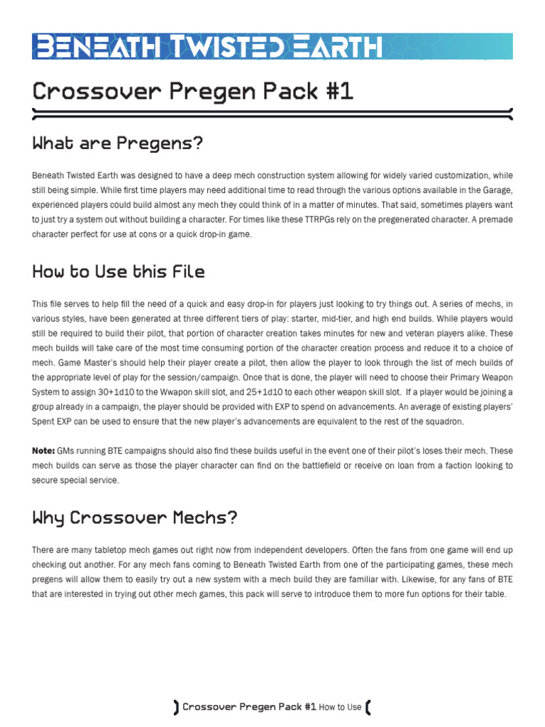 BTE Crossover Pregen Pack 1 | PDF