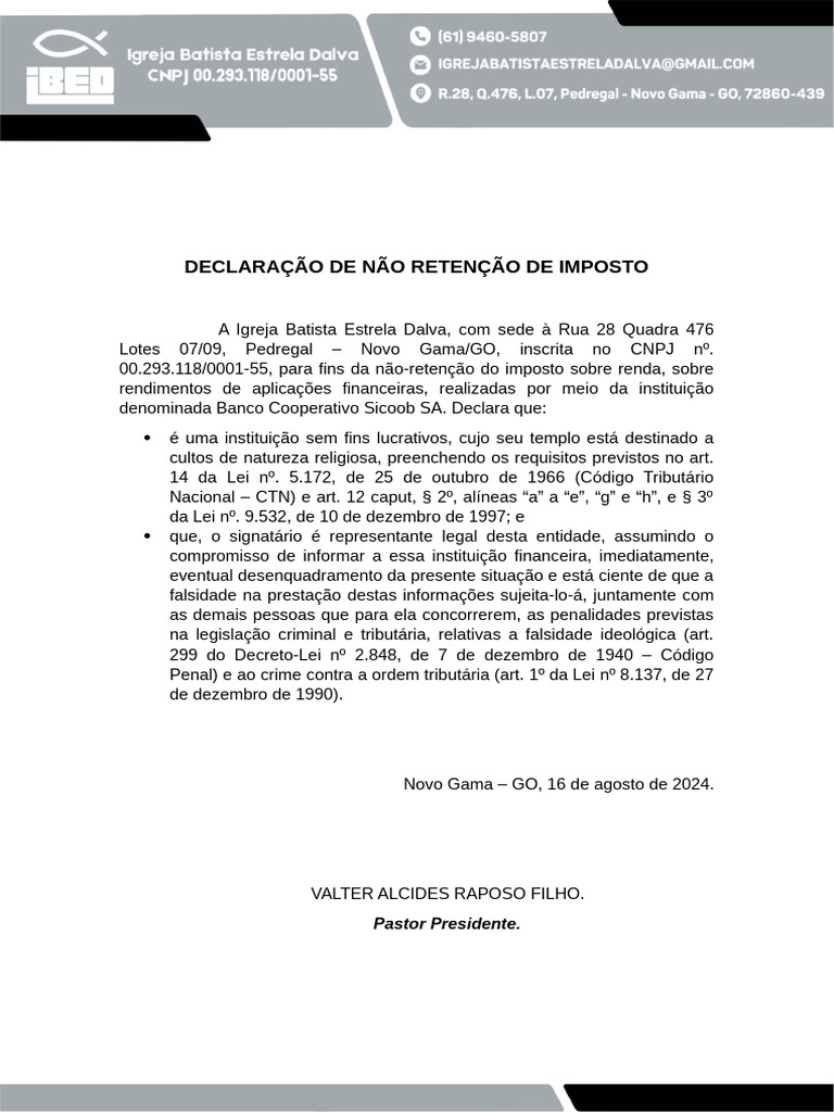Declaração de Não Retenção Do IRRF Junto Ao Banco | PDF Declaração de Não Retenção Do IRRF Junto Ao Banco | PDF