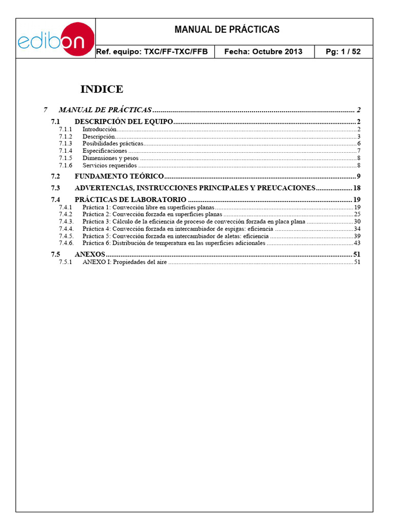 Manual Prácticas - Equipo Edibon | PDF | Convección | Transferencia de calor