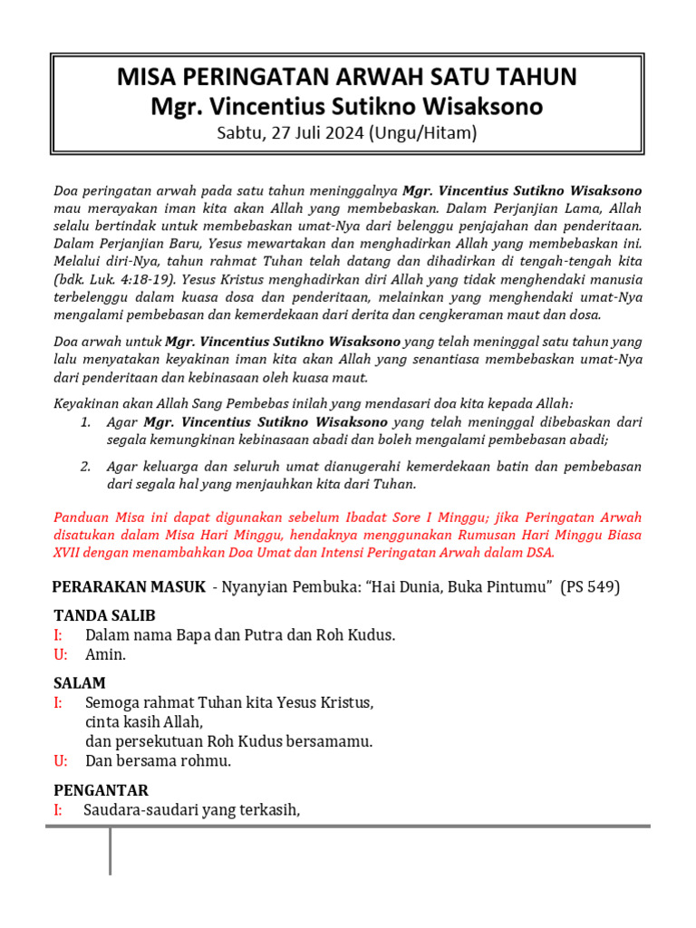 27.07.2024 Misa Peringatan Arwah Pendhak I Mgr. Tikno | PDF