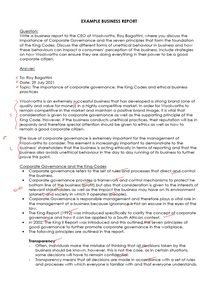 Example Business Report Marked | PDF | Corporate Governance | Governance