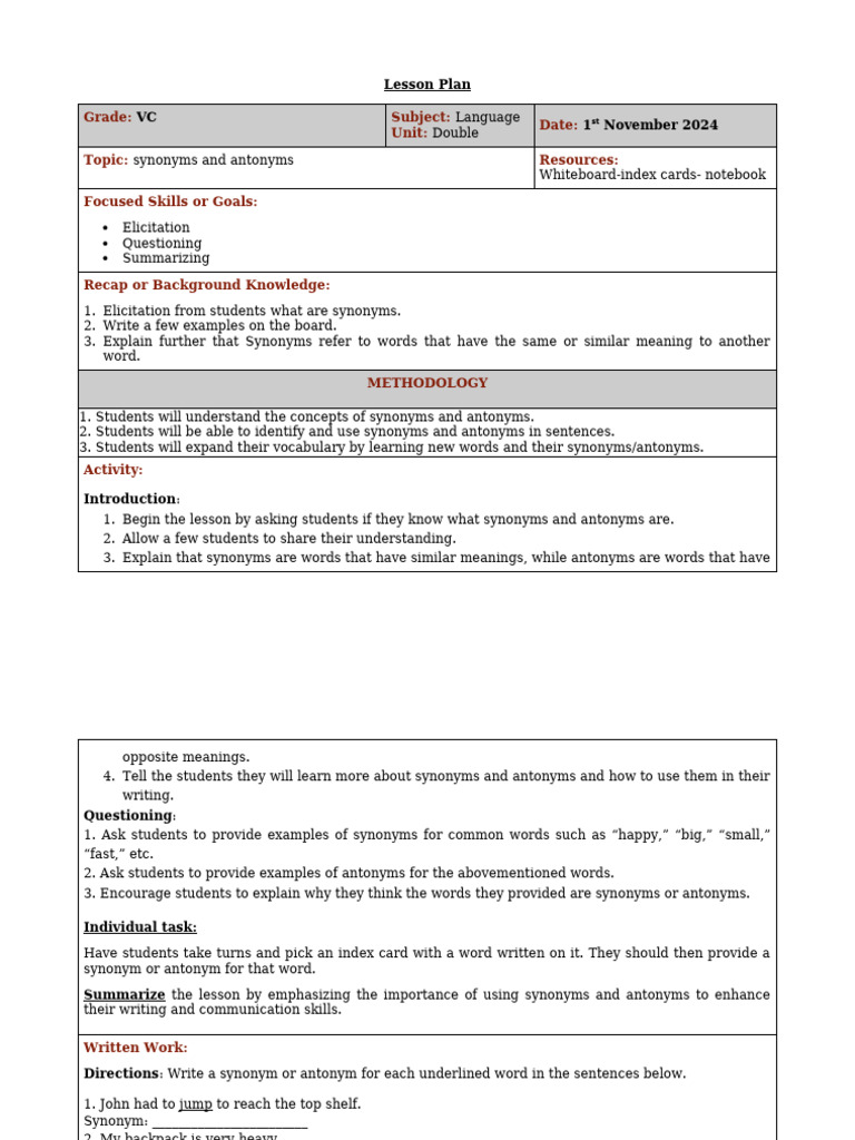 Lesson Plan-4-8th Nov 24 (Grade V) | PDF | Lesson Plan | Phrase