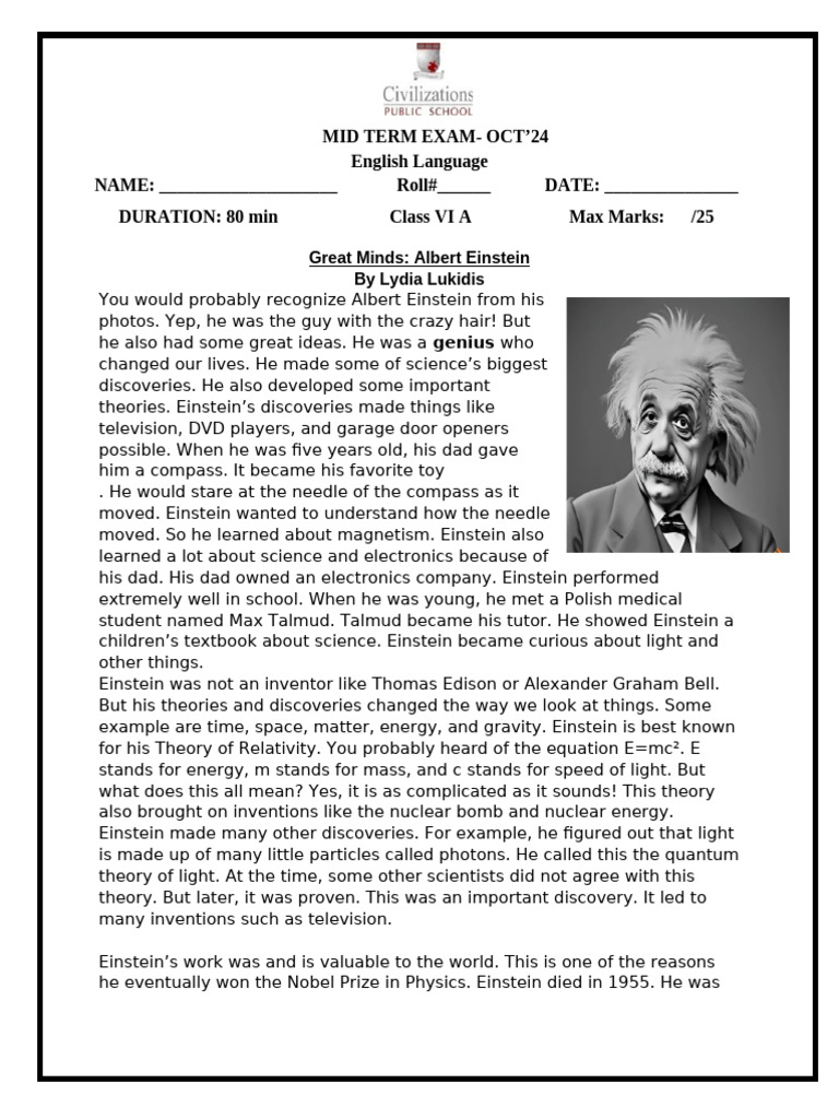 English Language Grade VI AKU Exam Paper | PDF | Albert Einstein | Physics