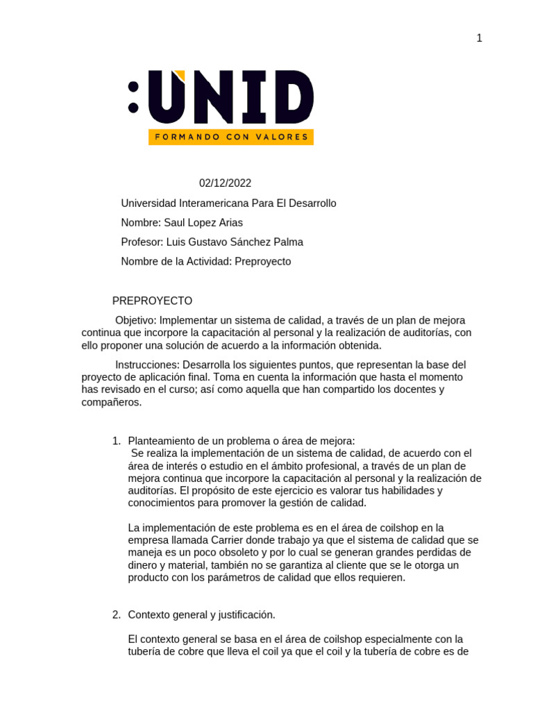 Preproyecto Sistemas de Calidad | PDF | Calidad (comercial) | Business