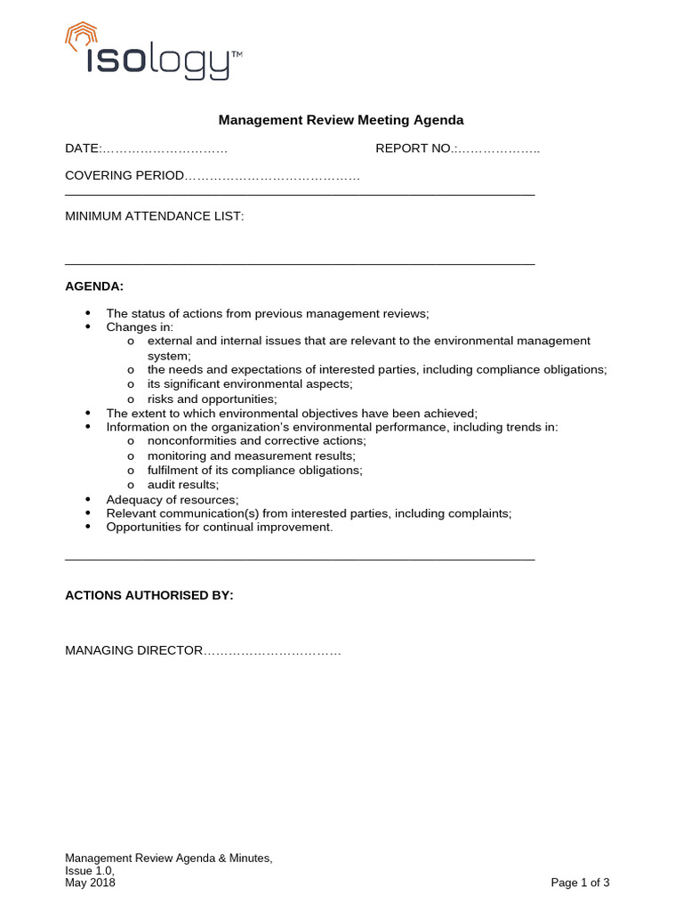ISO14001 Management Review Agenda and Minutes | PDF | Economies | Business
